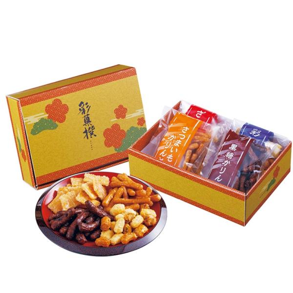 ■商品内容：かりんとう(さつまいも・黒糖)、ざらめ千枚、彩りあられ各40g×1、賞味期限:120日■アレルギー：小麦■箱サイズ：155×216×68mm
