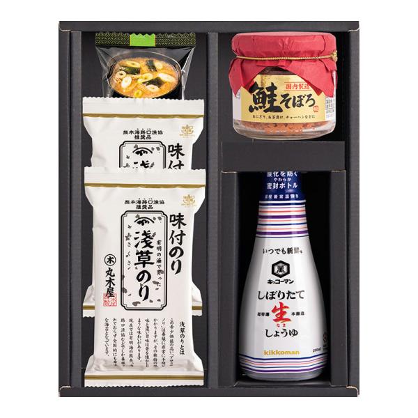 ■商品内容：鮭そぼろ50g、マルコメ京懐石味噌汁、キッコーマン生しょうゆ200ml×各1、浅草のり(味のり)(8切8枚)×2【小麦、えび】■箱サイズ：265×200×70mm