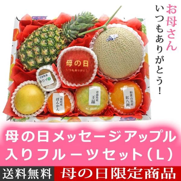 母の日期間限定 フルーツギフト 母の日メッセージアップル入りフルーツセット(L)■内容量《果物一例》・静岡マスクメロン（クラウンメロンorアローマメロン）・パイナップル・キウイ・リンゴ・柑橘類その他、旬のフルーツ※上記内容はあくまで一例とな...