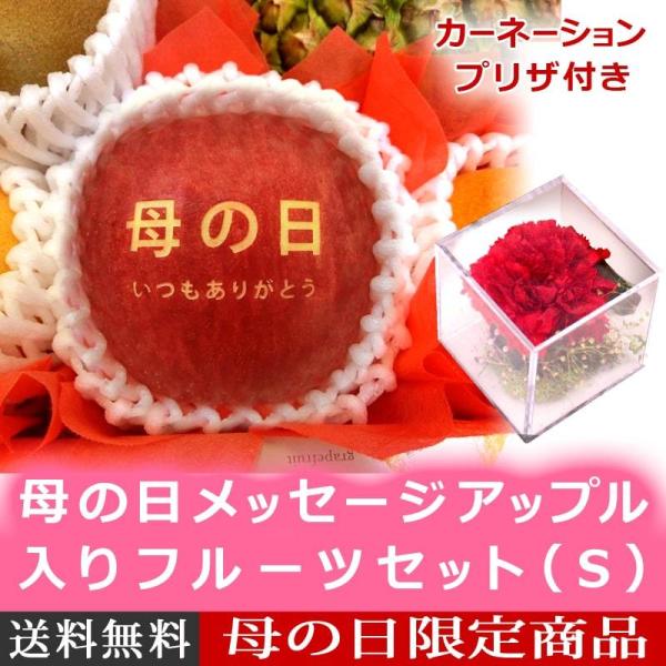 母の日期間限定 フルーツギフト母の日メッセージアップル入りフルーツセット(S) カーネーション付き■内容量《果物一例》・パイナップル・キウイ・リンゴ・柑橘類その他、旬のフルーツ＋　カーネーションのプリザーブドフラワー※上記内容はあくまで一例...