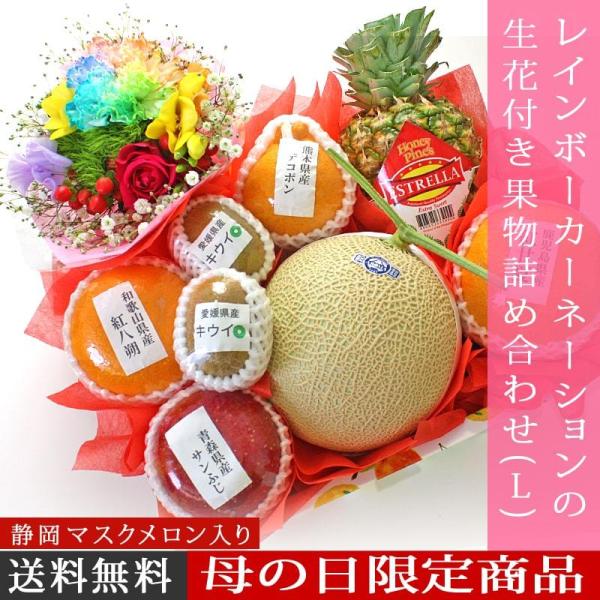 母の日期間限定 フルーツギフトレインボーカーネーションの生花付き果物詰め合わせ(L)■内容量・レインボーカーネーション入り生花ミニブーケ1個《果物一例》・静岡マスクメロン（クラウンメロンorアローマメロン）・パイナップル・キウイ・リンゴ・柑...