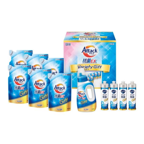 ぎゅうぎゅうつめこみ洗いでも強力洗浄の液体のアタックとキュキュットが入ったセット。〇商品内容：アタック抗菌ＥＸ本体(750g)×1、アタック抗菌ＥＸ詰替用(590g)×6、キュキュットクリア除菌本体(220ml)×4〇箱サイズ：295×31...