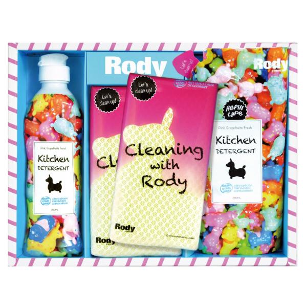 キッチンをカラフルに彩るロディのキッチン洗剤セット。置いておくだけで楽しく元気な気持ちにさせてくれそうなカラフルでキュートなデザインの食器洗剤とキッチン用スポンジの詰合せセットです。〇商品内容：ロディ食器洗剤250ml、ロディ食器洗剤詰替2...