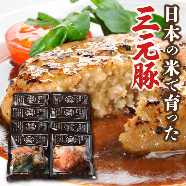 シンプルな味付けで素材の旨味がいきた「平田牧場三元豚 焼きハンバーグ」と、特製デミグラスソースで煮込んで旨みを凝縮した「平田牧場三元豚 煮込みハンバーグ」の贅沢なハンバーグギフトです。〇商品内容：三元豚焼きハンバーグ105g×4、三元豚煮込...
