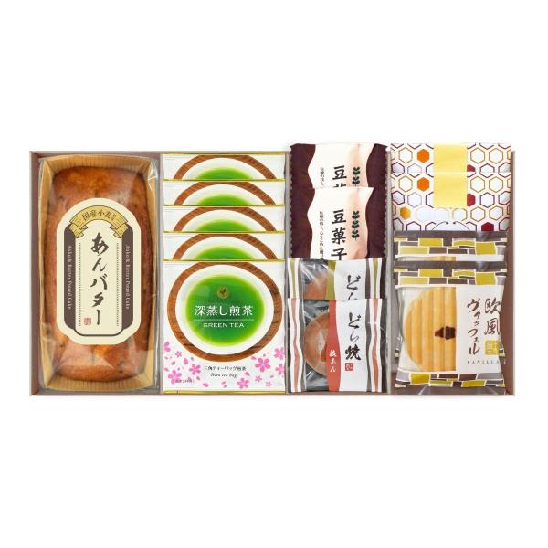 しっとりとした生地に、上品な甘さのあんこと深みのあるバターのコクが絶妙に調和した、濃厚な味わいのパウンドケーキと豆菓子、日本茶の詰合せになります。〇商品内容：あんバターパウンドケーキ、欧風ヴァッフェル×2、小豆パイ×2、どら焼き(粒あん・八...
