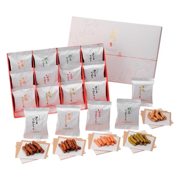 「日本伝統菓子かりんとう」ひとつひとつ丁寧に作り上げた風味豊かな味わいをお楽しみください。商品名/優雅亭 かりんとうギフト 内容/セット内容/黒糖かりんとう・黒ごまかりんとう(各10g)×各3、牛乳かりんとう・抹茶かりんとう・いちごかりんと...
