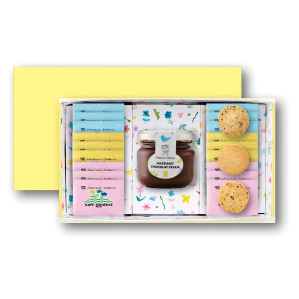 みんなのこころに花束を。商品名/メゾンデリコ ヘーゼルナッツショコラクリーム&amp;クッキーセット 内容/セット内容/ヘーゼルナッツショコラクリーム(80g)×1、ソイクッキーごま・黒豆・きなこ×各6箱サイズ/12.2×22.4×7cm賞...