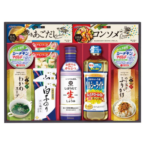 商品名/日清オイリオ&amp;調味料ギフト 内容/セット内容/はごろもフーズオイル不使用シーチキンマイルド(70g)・アマノとうふおみそ汁(10g)・白子だし塩のり(8切5枚)×各2、シマヤ焼きあごだし(8g×4袋)・シマヤ自然派思考コンソ...