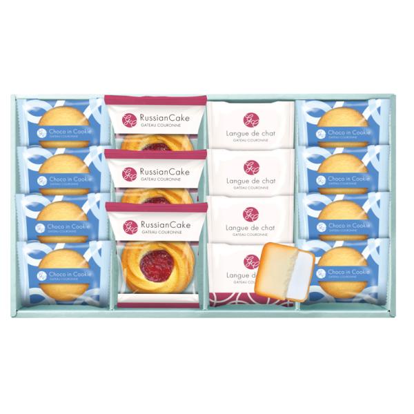 ロシアケーキとラングドシャ・チョコインクッキーのスイーツ詰合せ商品名/ガトー・クロンヌ スイーツギフト内容/ロシアケーキブルーベリーサン×3、ラングドシャ×4、チョコインクッキー×8箱サイズ/19.3×34.7×4.2cm賞味期間/180日...