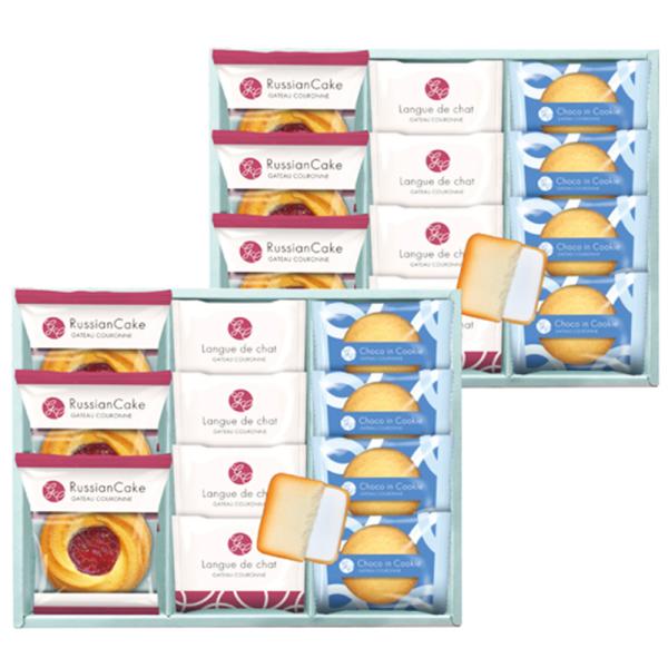 ロシアケーキとラングドシャ・チョコインクッキーのスイーツ詰合せ商品名/ガトー・クロンヌ スイーツギフト内容/ロシアケーキブルーベリーサン×6、ラングドシャ・チョコインクッキー×各8箱サイズ/19.5×26.5×8.5cm賞味期間/180日ア...