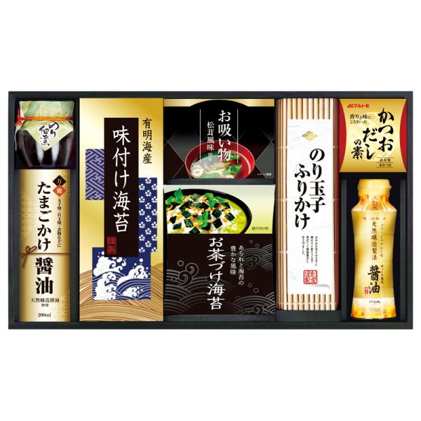 使いやすい卓上サイズの天然醸造しょうゆをメインに海苔やふりかけ、お茶漬けなどを詰合せた和の味が楽しめるギフトです。商品名/味の蔵 食卓詰合せ内容/島の香のり佃煮80g・有明海産味付け海苔(3切4枚)・永谷園お吸い物松茸風味(2.3g×4)・...