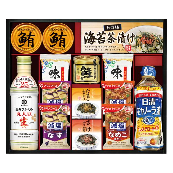 健康志向の高い方、健康を気遣う様々な方に人気のギフトです。商品名/キッコーマン&amp;アマノフーズ&amp;日清オイリオ バラエティセット内容/キッコーマン塩分ひかえめ丸大豆生しょうゆ450ml・日清キャノーラ油400g・丸美屋たまごふり...