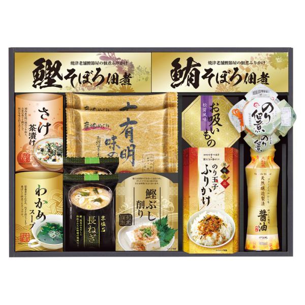 商品名/白子のり&amp;マルコメ和風詰合せ 内容/白子有明味のり(8切8枚)・マルコメ京懐石長ねぎのおみそ汁(15.7g)×各2、鰹そぼろ佃煮(5g×3)・鮪そぼろ佃煮(5g×3)・さけ茶漬け(4.7g×2)・わかめスープ(5.3g×2)...