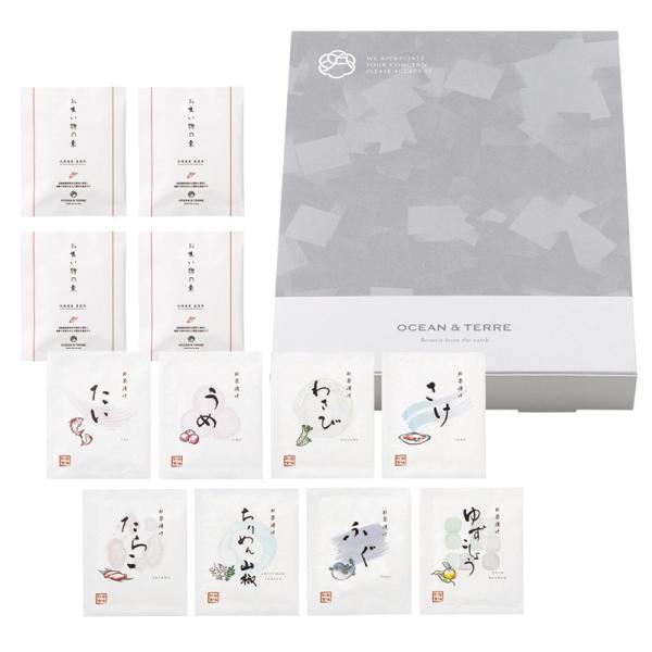 素材にこだわった贅沢な味わい。シンプルなお茶漬けで贅沢時間をお過ごしいただけます。商品名/OCEAN&amp;TERRE お茶漬け&amp;お吸い物セット 内容/お吸い物の素×4、贅沢茶漬け(たい・うめ・わさび・さけ・たらこ・ちりめん山椒・...