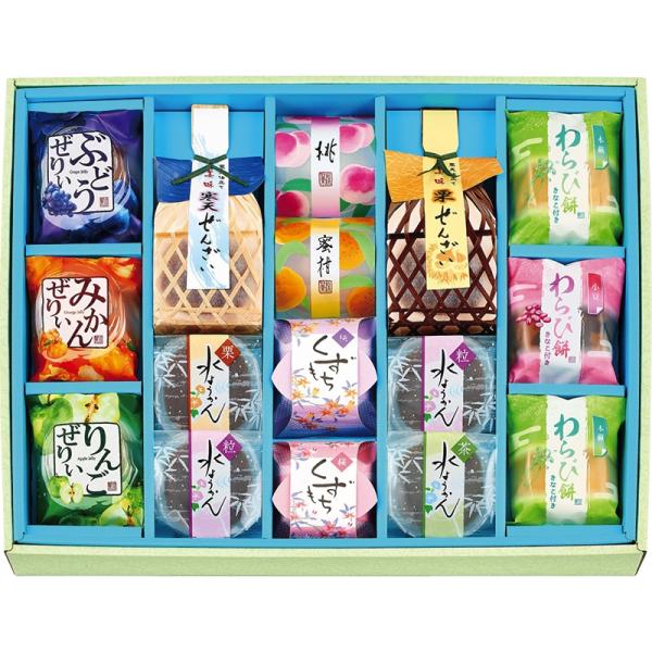 商品名/創菓 京づる きらめき庵 内容/わらび餅(本わらび)・水ようかん(粒)(各78g)×各2、わらび餅(小豆)・水ようかん(栗・茶)(各78g)・竹かご風寒天ぜんざい(小豆・栗)(各120g)・くずもち(純・桜)(各80g)・ゼリー(桃...