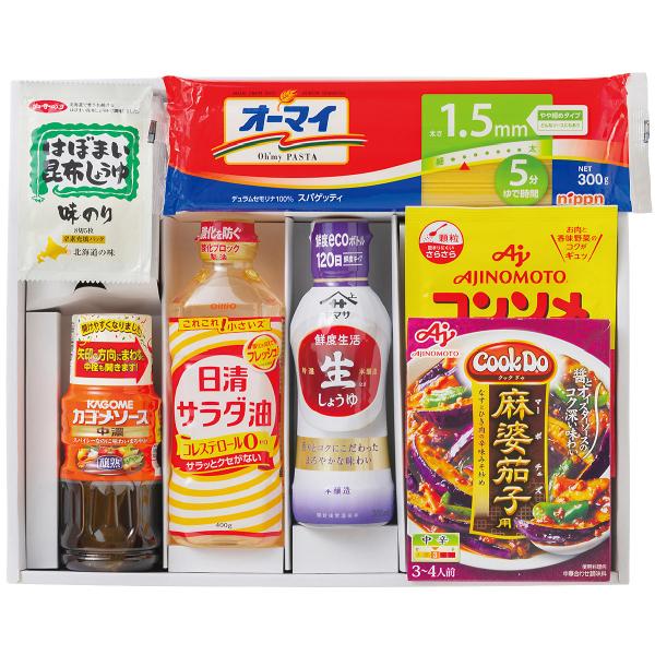 毎日使う、もらって嬉しい調味料などを詰め合わせました。ご贈答用として、いろんな用途に使えます。オーマイスパゲティ(1.5mm)●300g白子歯舞昆布醤油味のり●(8切5枚)カゴメ醸熟ソース中濃●300mlヤマサ鮮度生活生しょうゆ●300ml...