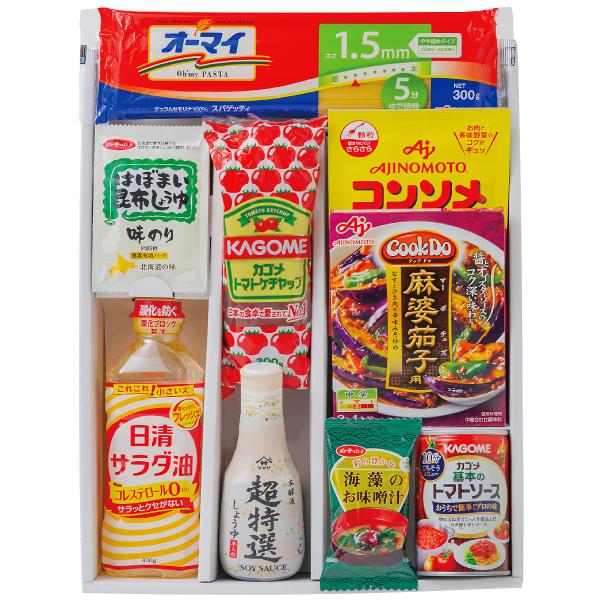 毎日使う、もらって嬉しい調味料などを詰め合わせました。ご贈答用として、いろんな用途に使えます。オーマイスパゲティ(1.5mm)●300g白子歯舞昆布醤油味の●(8切5枚)日清オイリオサラダ油ペット●400gヤマサ超特選しょうゆソフトボトル●...