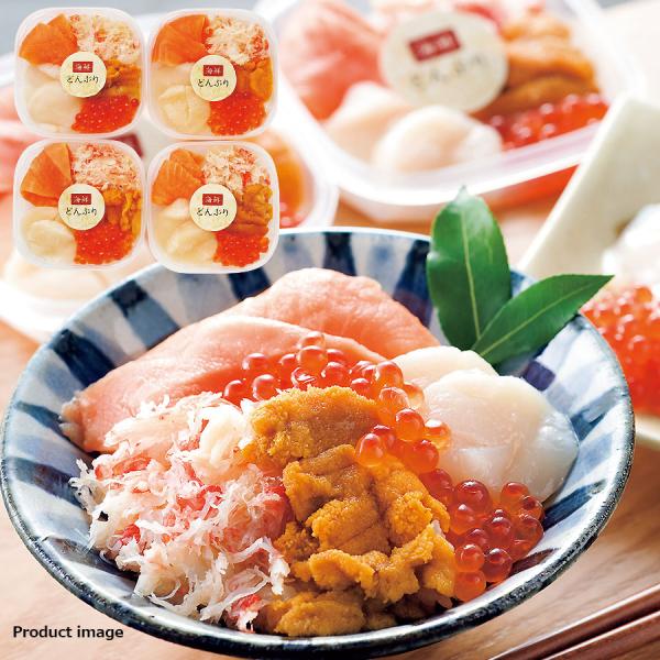 ウニ、蟹、イクラなど5種類の海鮮素材が入った、どんぶりの具。ご飯の上にのせるだけで簡単に海鮮どんぶりが楽しめます。(サーモントラウト2枚、帆立2枚、ずわい蟹ほぐし身10g、いくら醤油6g、うに10g)　計60g×各4商品関連ワード 海鮮丼の...