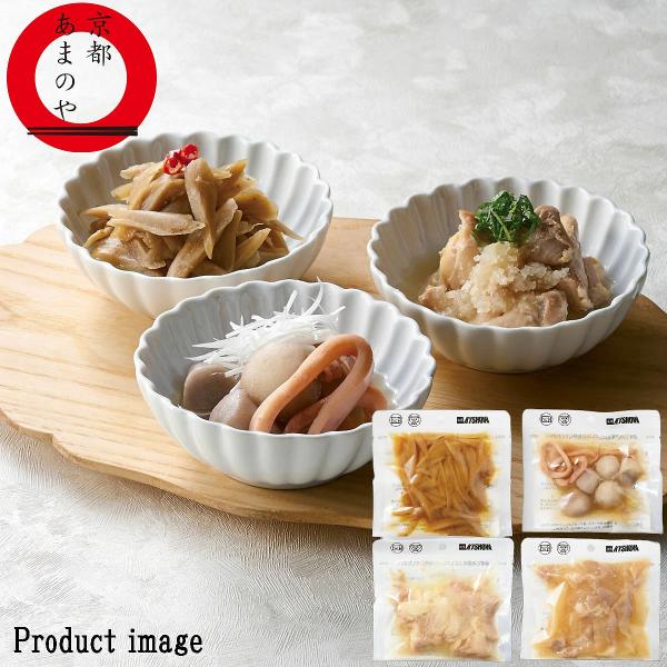 古都の暮らしを彩る家庭の味。おばんざいとは、普段のお惣菜を意味します。定番のおかず4品をセットにしました。電子レンジや湯煎で温めるだけでお召し上がりいただけます。●ごぼう金平 100g●いか小芋　 100g●鶏みぞれ煮 100g●豚肉と大根...