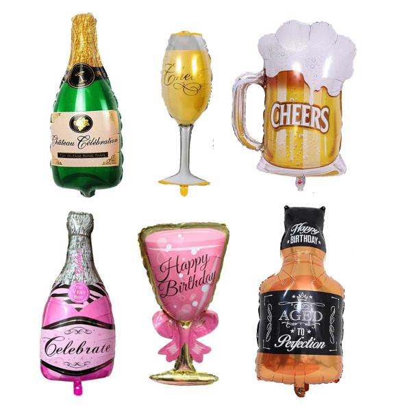 【ワインボトルバルーン６枚 セット】緑シャンパンボールx１赤ワインボールx１ウィスキーボールx１ゴールドグラスx１ピンクグラスx１ビールグラスx１サイズ：80cm~100CM