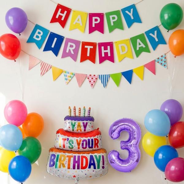 【これ1つでデコレーション完成！】「HAPPY BIRTHDAY」のガーランド、カラフルな三角旗、そして主役級のBIGケーキバルーンと数字バルーン、さらに合計16枚の多色風船が揃った、ボリューム満点の豪華セットです。【主役級のBIGサイズ！...