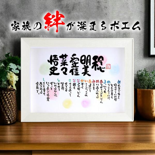 新築祝いやご自身のご家族の記念にもなります。ひとつひとつ心を込めて書かせていただきます。表面はアクリルになっており軽量でなおかつ高級感溢れるフレームです。お部屋のインテリアともマッチします。● サイズ 横43cm縦33ｃｍ●材質　樹脂、アク...