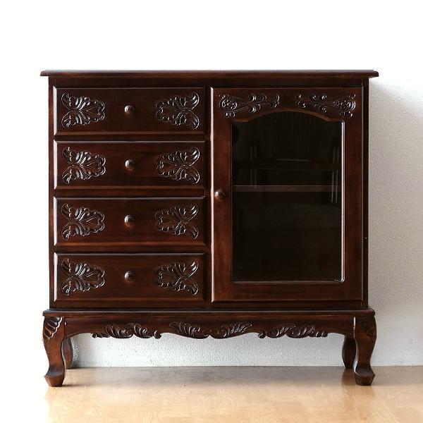 商品名 ： アンティークなガラス扉付きキャビネット商品番号 ： diz1329全体サイズ(cm) ： 幅85×奥行35.5×高さ80引出内寸 ： (共通)幅35×奥行25.5×深さ9.5　※ストッパー付き扉内寸 ： 上)幅37×奥行28×高...