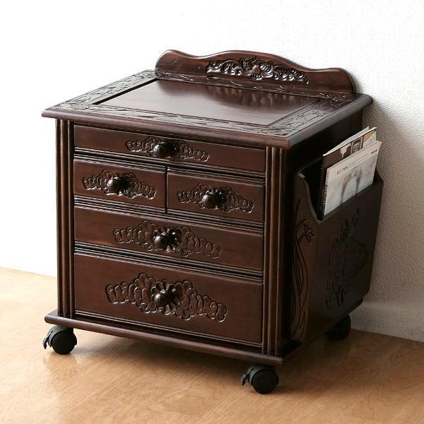 商品名 ： アンティークなマガジンポケット付きキャスターチェスト商品番号 ： diz8116全体サイズ(cm) ： 幅48.5×奥行36×高さ48.5天板サイズ ： 幅45×奥行33.5〜35×背板高さ3.5〜5引出内寸 ： 上から　1段目...