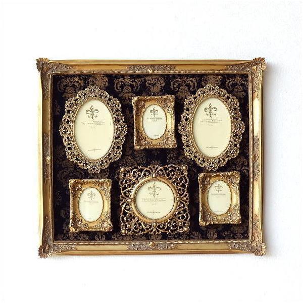 クラシックなデザインのゴージャスなフォトフレームアートのような額縁の中に小さなフレームが取り付けてあるアンティークゴールドのゴージャスなイメージのフレームです小さなフレームはそれぞれ取り外せます煌びやかな装飾の小さなフレームが６つ並んだ、お...