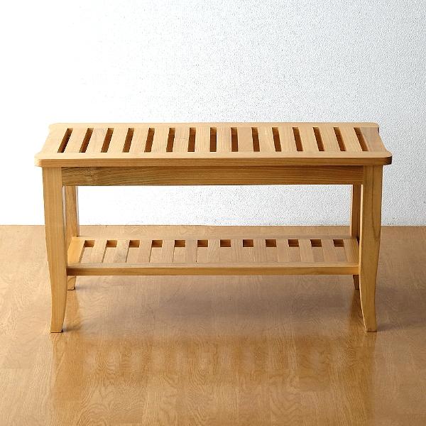 淡褐色でタモ材に似た木目が特徴のインドネシア産スンカイ無垢材を使用した下棚付きのロングベンチ縦にウッドを組んだ座面や下棚、脚のなだらかな曲線がすっきり軽やかなゆったり座れる、ロングタイプのベンチです落ち着いた雰囲気のがどんなインテリアにも馴...