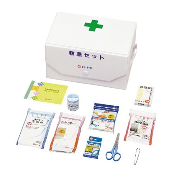 ・大きさ/（W）19×（D）12.5×（H）10.5・質量/450ｇ・セット内容/コットン球、伸縮ホータイ、綿棒、毛抜、サージカルテープ、ガーゼ、三角巾、絆創膏、ハサミ、「応急手当の方法」