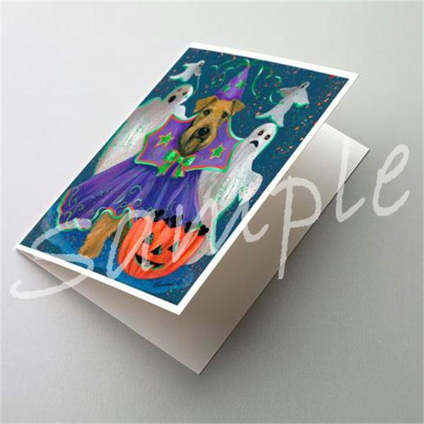 エアデール・テリア ハロウィンカード。愛犬家の方へのプレゼントに添えていただくのに最適です。額などに入れていただくと、素敵なインテリアとしてお楽しみいただけます。題名　　  Airedale Boo Hoo Halloweenサイズ 　　縦...