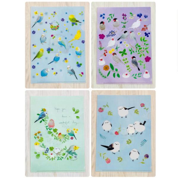 クリアファイル☆ことりシリーズセキセイパラダイスボタニカル文鳥ブルーシマエナガ小鳥のリースの4柄です(*^^*)表はもちろん後ろのワンポイントもかわいいです♪使いやすいA5サイズ☆ポストカードやチケット、A4サイズの資料などを半分に折って保...