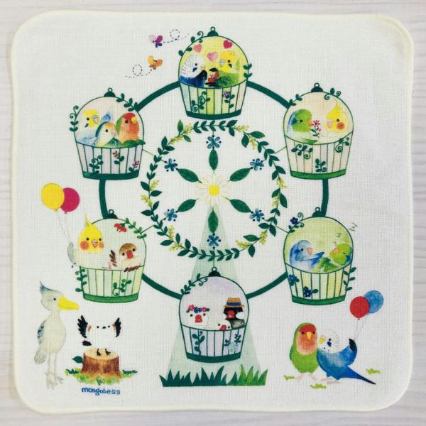 観覧車にはオカメさん・文鳥さん・コザクラさんなどなどかわいいことりさんたちがたくさん乗っていて見ているだけで楽しくなるハンカチです♪表ガーゼ・裏パイルのハンカチなので吸水性がよいのが嬉しいポイントです♪とり好きさんへのプレゼントにも喜ばれる...