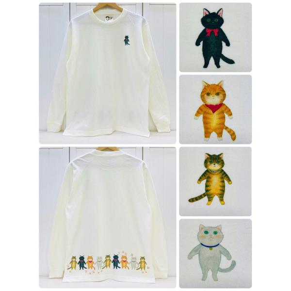かわいい猫ちゃんが描かれたTシャツ♪前プリントはワンポイント後ろは9匹の猫ちゃんが並んでる裾プリント♪足跡もかわいい♪INするとワンポイントのみのシンプルロンTOUTすると9匹の猫ちゃんが見えでPOPでかわいい(*^^*)【カラー】ナチュラ...