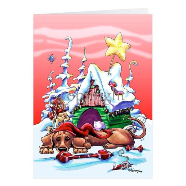 ダックスフンド クリスマスカード。優しい色合いで描かれた可愛いカード。愛犬家の方へのプレゼントに添えていただくのに最適です。額などに入れていただくと、素敵なインテリアとしてお楽しみいただけます。サイズ 　　約11.7センチ×15.2センチ内...