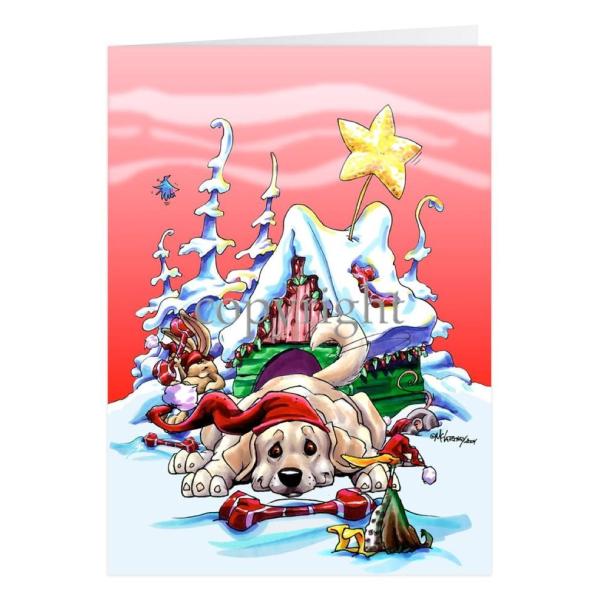 ラブラドール・レトリーバー クリスマスカード。優しい色合いで描かれた可愛いカード。愛犬家の方へのプレゼントに添えていただくのに最適です。額などに入れていただくと、素敵なインテリアとしてお楽しみいただけます。サイズ 　　約11.7センチ×15...