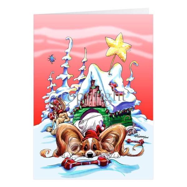 パピヨン クリスマスカード。優しい色合いで描かれた可愛いカード。愛犬家の方へのプレゼントに添えていただくのに最適です。額などに入れていただくと、素敵なインテリアとしてお楽しみいただけます。サイズ 　　約11.7センチ×15.2センチ 内容量...