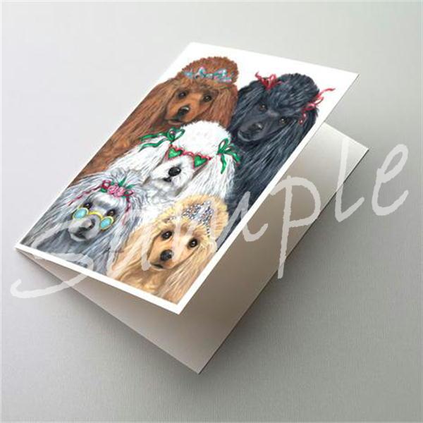 プードル グリーティングカード。愛犬家の方へのプレゼントに添えていただくのに最適です。額などに入れていただくと、素敵なインテリアとしてお楽しみいただけます。題名　　Poodle Oodlesサイズ 　　縦17.8センチ×横12.5センチ 内...