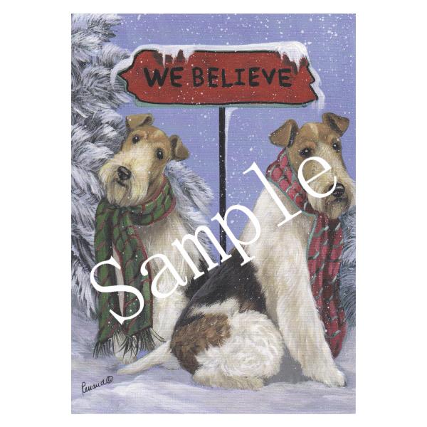 ワイアーフォックス・テリア クリスマスカード。愛犬家の方へのプレゼントに添えていただくのに最適です。額などに入れていただくと、素敵なインテリアとしてお楽しみいただけます。カードメッセージ"Tis the season to paws and...