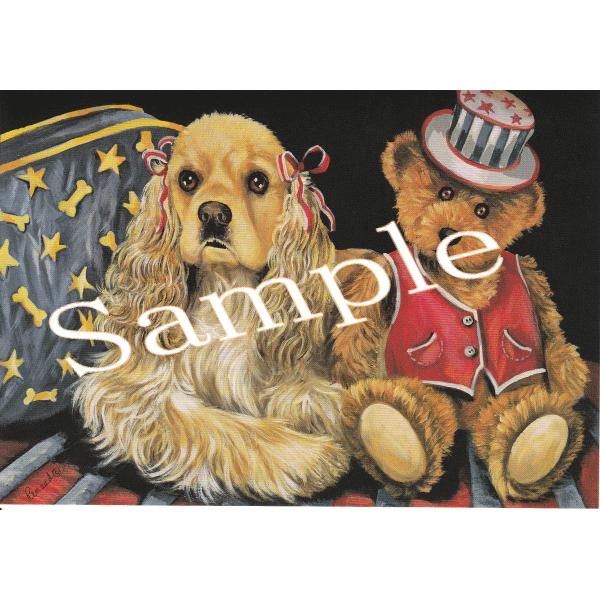 コッカー・スパニエル グリーティングカード。愛犬家の方へのプレゼントに添えていただくのに最適です。額などに入れていただくと、素敵なインテリアとしてお楽しみいただけます。題名　　Cocker spaniel Annie &amp; Henri...