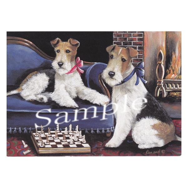 ワイアーフォックス・テリア グリーティングカード。愛犬家の方へのプレゼントに添えていただくのに最適です。額などに入れていただくと、素敵なインテリアとしてお楽しみいただけます。題名　　Fox Terrier Checkmatesサイズ 　　縦...