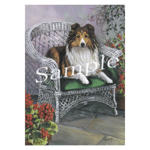 シェットランド・シープドッグ グリーティングカード。愛犬家の方へのプレゼントに添えていただくのに最適です。額などに入れていただくと、素敵なインテリアとしてお楽しみいただけます。題名　　Shetland Sheepdog Patio Jewe...