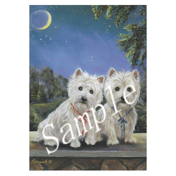 ウエスティ グリーティングカード。愛犬家の方へのプレゼントに添えていただくのに最適です。額などに入れていただくと、素敵なインテリアとしてお楽しみいただけます。題名　　West Highland Terrier Moonlightersサイズ...
