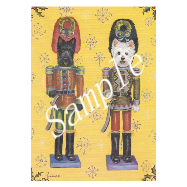 ウエスティ＆スコッチ クリスマスカード。愛犬家の方へのプレゼントに添えていただくのに最適です。額などに入れていただくと、素敵なインテリアとしてお楽しみいただけます。題名　　Scottie &amp; Westie Nutcrackersサイ...