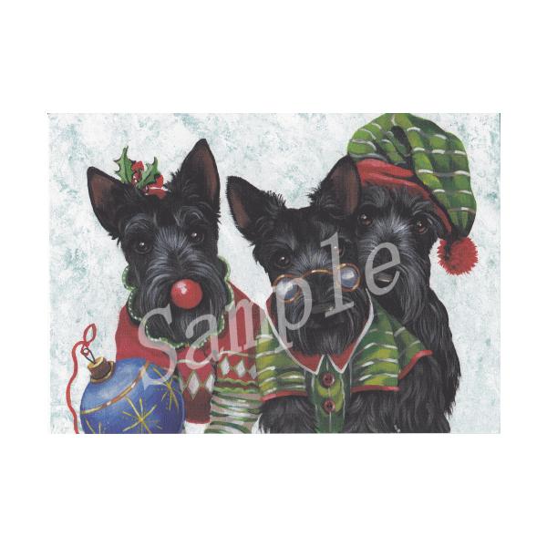 スコティッシュ・テリア クリスマスカード。愛犬家の方へのプレゼントに添えていただくのに最適です。額などに入れていただくと、素敵なインテリアとしてお楽しみいただけます。カードメッセージ"Tis the season to paws and r...