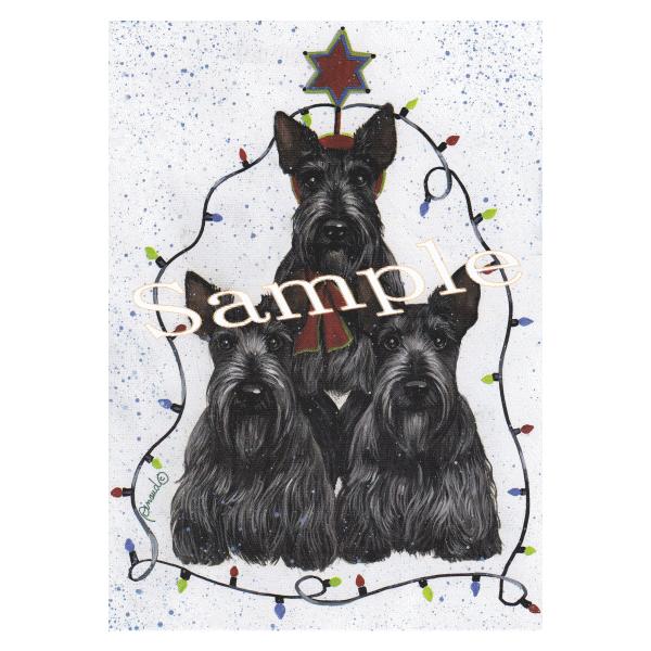 スコティッシュ・テリア クリスマスカード。愛犬家の方へのプレゼントに添えていただくのに最適です。額などに入れていただくと、素敵なインテリアとしてお楽しみいただけます。カードメッセージ"The greatest gifts that are ...