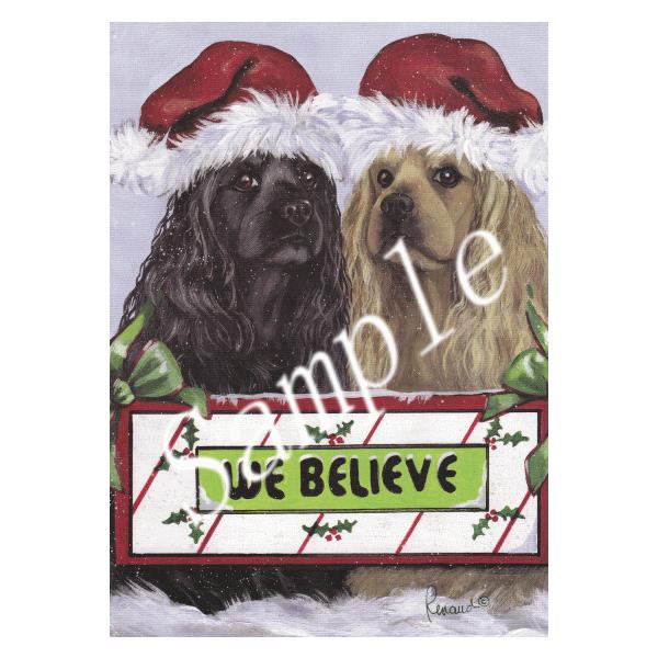 コッカー クリスマスカード。愛犬家の方へのプレゼントに添えていただくのに最適です。額などに入れていただくと、素敵なインテリアとしてお楽しみいただけます。カードメッセージ"Tis the season to paws and remember...