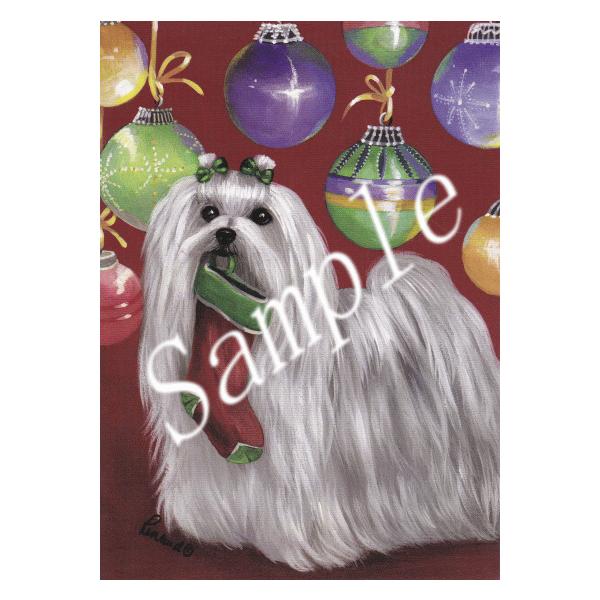 マルチーズ クリスマスカード。愛犬家の方へのプレゼントに添えていただくのに最適です。額などに入れていただくと、素敵なインテリアとしてお楽しみいただけます。カードメッセージ"Tis the season to paws and remembe...