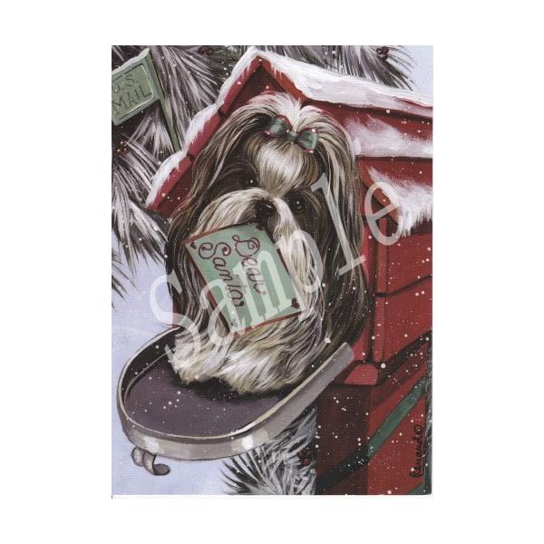 シーズー クリスマスカード。愛犬家の方へのプレゼントに添えていただくのに最適です。額などに入れていただくと、素敵なインテリアとしてお楽しみいただけます。カードメッセージ"Tis the season to paws and remember...